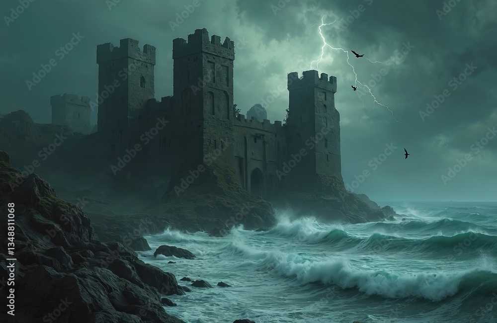 Foto de Stock Ancient castle ruins on rocky coast during stormy weather ...