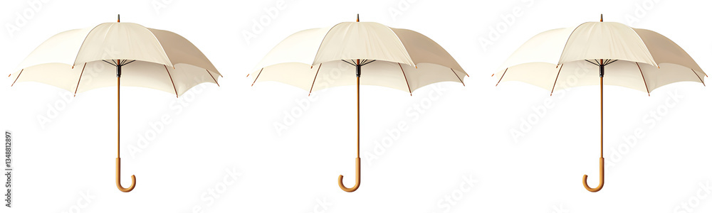 3 white umbrellas, front view, side view, and back view, transparent ...
