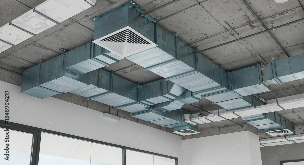 Industrial HVAC ventilation ducts installed on a concrete ceiling ...