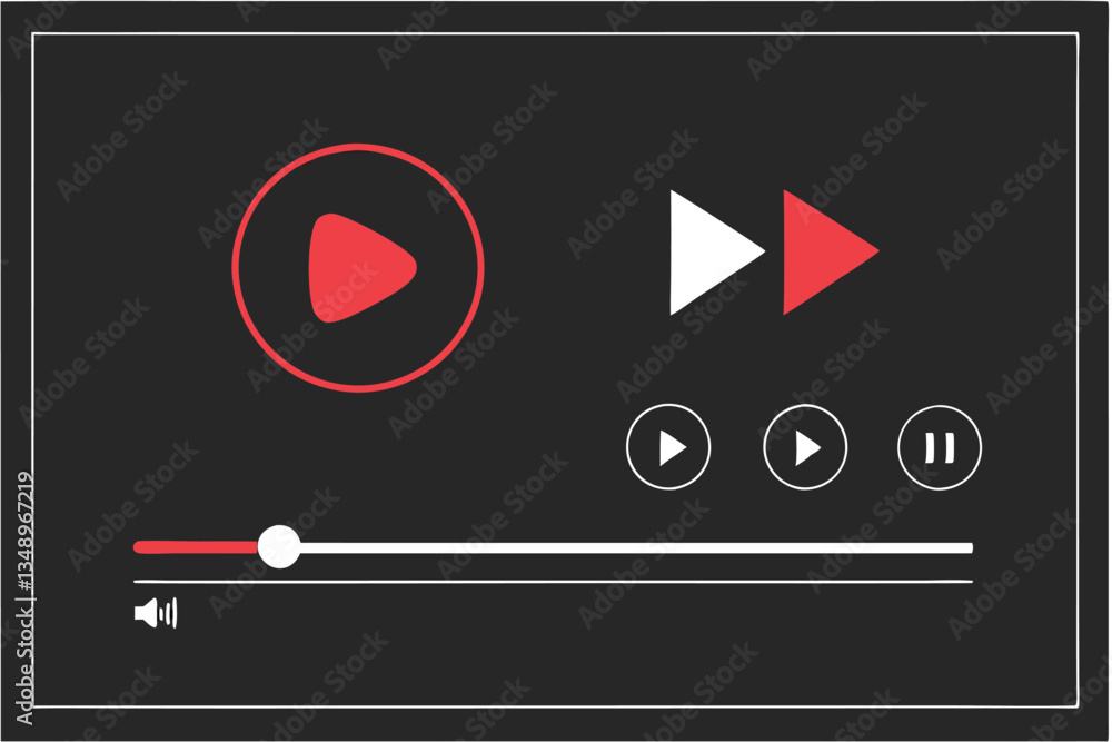 23 Video player interface, minimalist design, black background, red play button, white progress ...