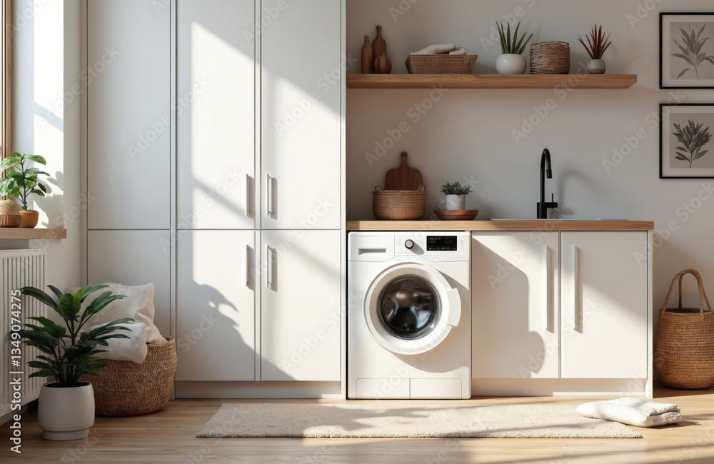 Laundry room interior with washing machine. White cabinets, wooden ...
