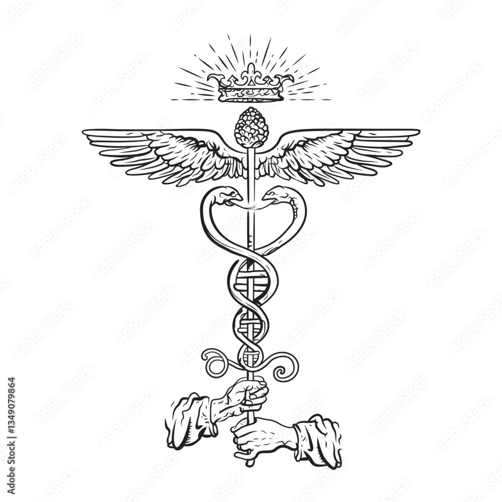 Detailed Drawing of Caduceus with Wings, Crown, and Hands Holding Sword ...
