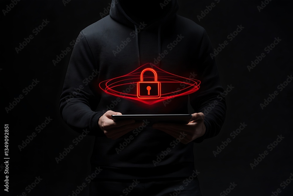 Dark hacker silhouette, tablet, lock symbol glowing, digital security ...