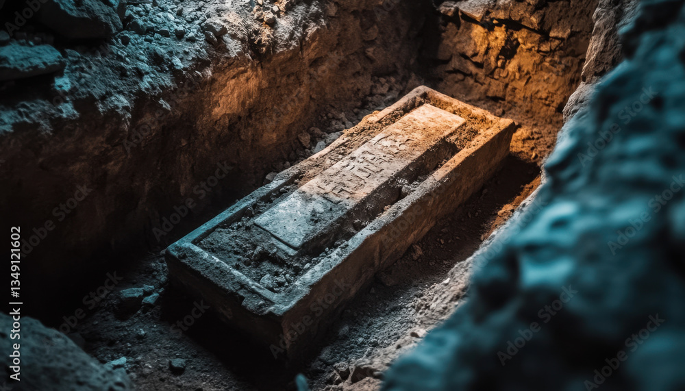 Archaeologists are carefully excavating an ancient tomb, revealing a ...