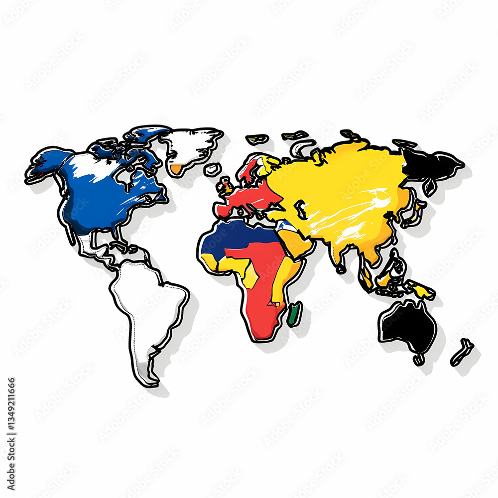 colorful world map illustration uses vibrant shades to depict different ...