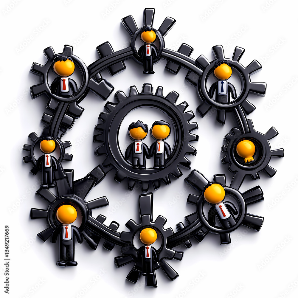 Interconnected gears with stylized people inside symbolize teamwork and ...