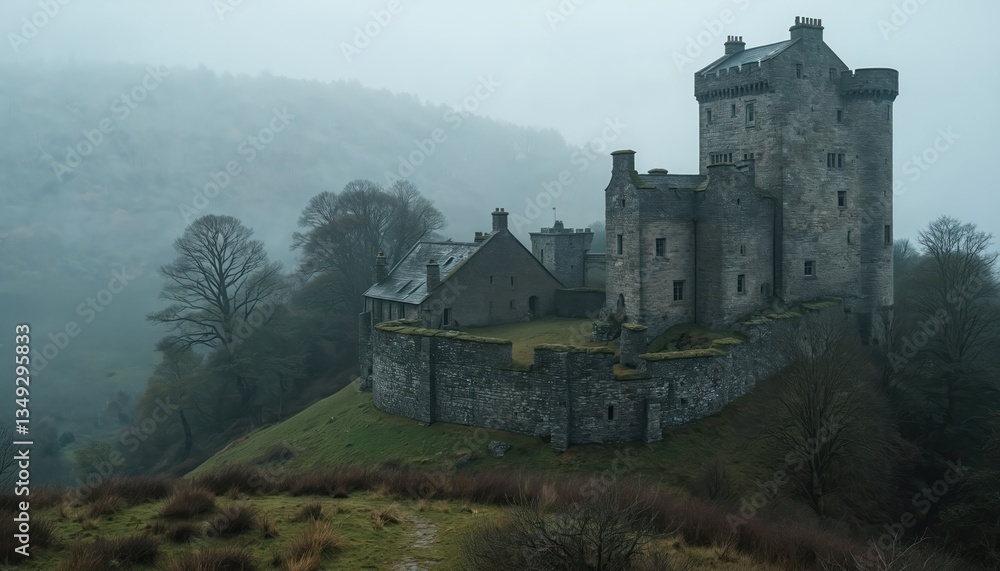 Medieval Scottish castle on hill. Rugged stone walls, towering keep ...