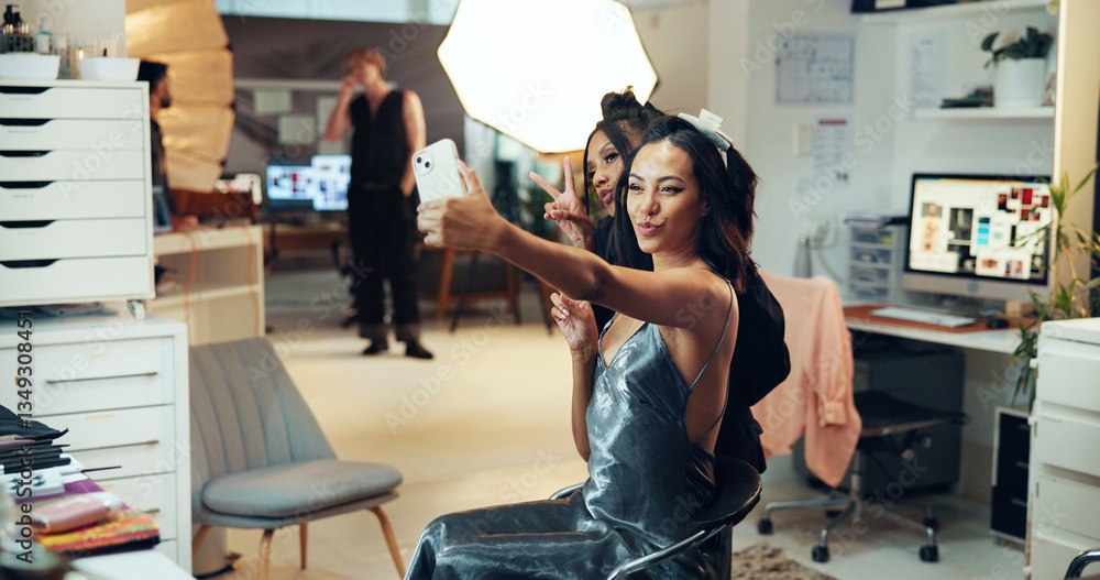 Woman, model and smile for selfie with stylist of photography, social ...