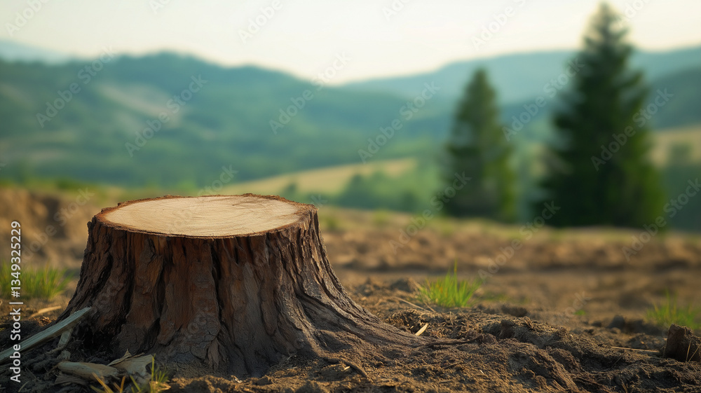 Tree stump in deforested landscape, symbolizing environmental ...