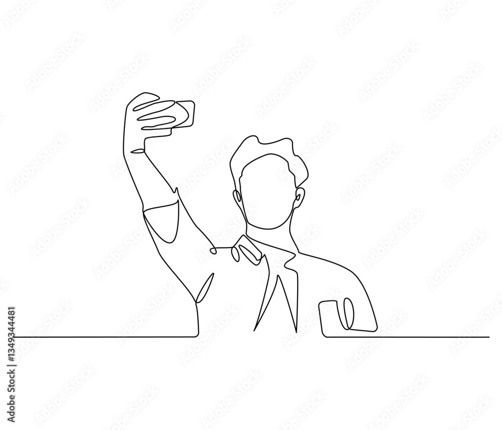 Continuous one line drawing of Man selfie with smartphone. Single line ...