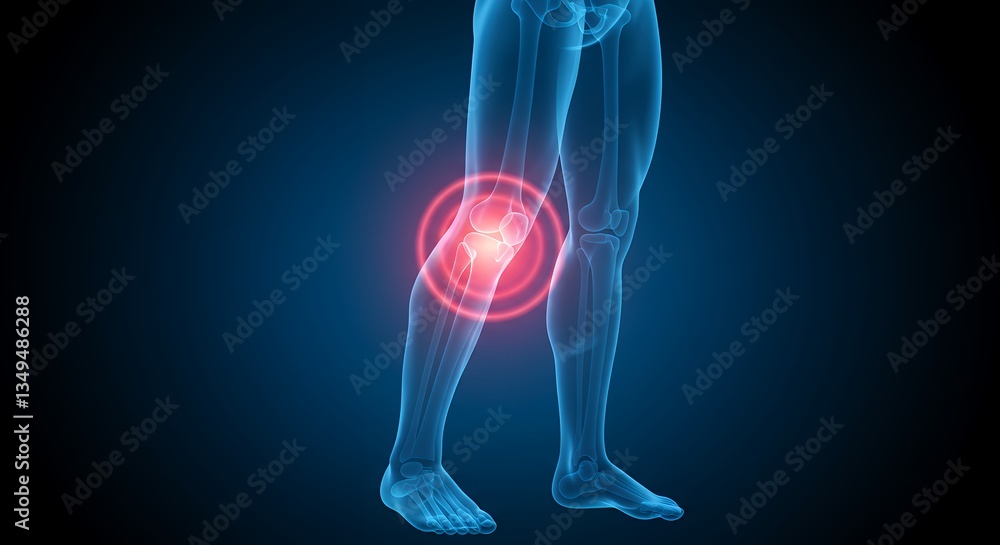 Knee joint pain illustration showing skeletal leg anatomy and ...