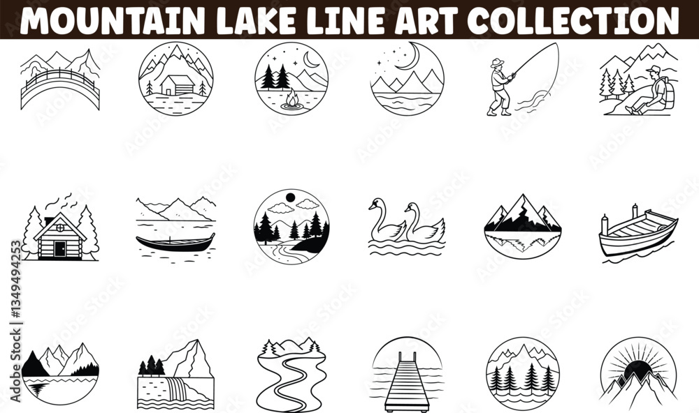 Mountain Lake Line Art Collection Nature Scenery Illustrations Stock ...