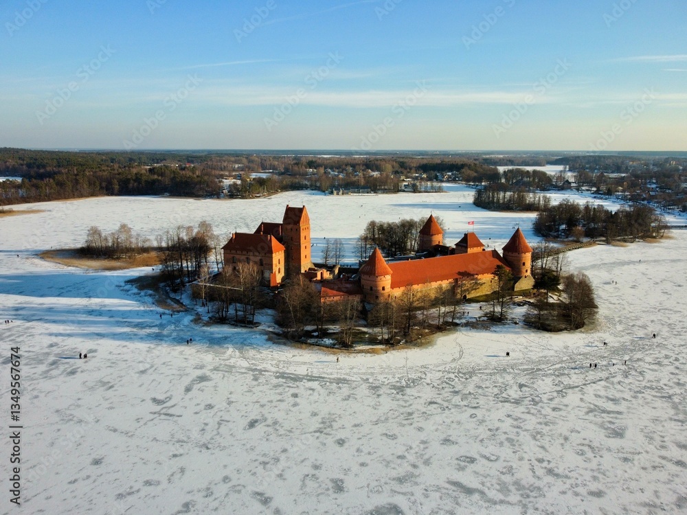 Medieval castle in Trakai, Lithuania, viewed from above during winter ...