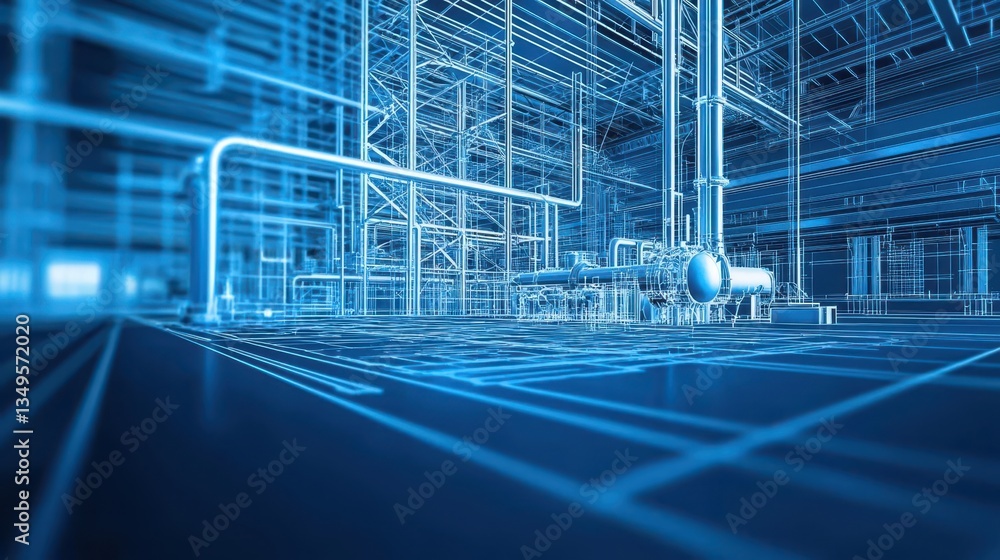 Blueprint sketch overlaid on steel frame of factory, exposed beams and ...