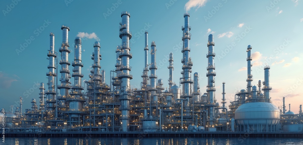 Modern petrochemical plant with intricate piping systems, distillation ...