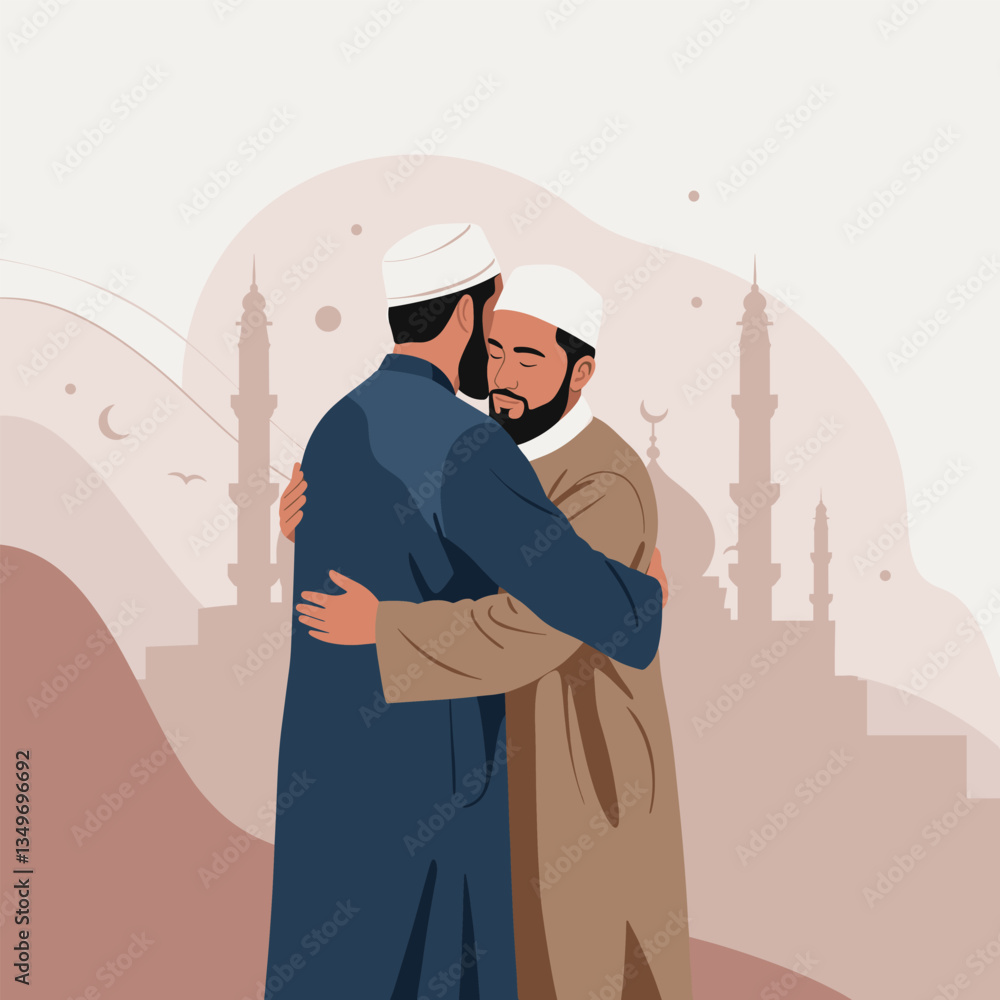 Islamic Eid Al Fitr Celebration Concept – Two Muslim Men Embracing in ...