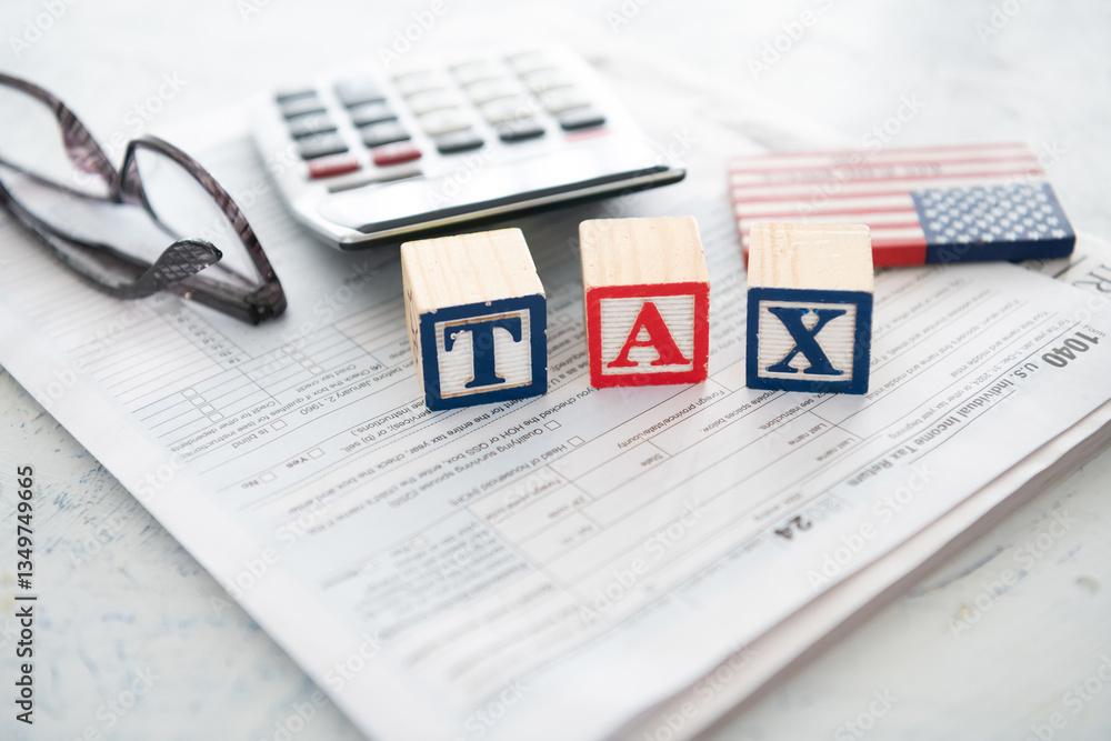 Filling out US Individual Income Tax Return tax forms on a desk ...