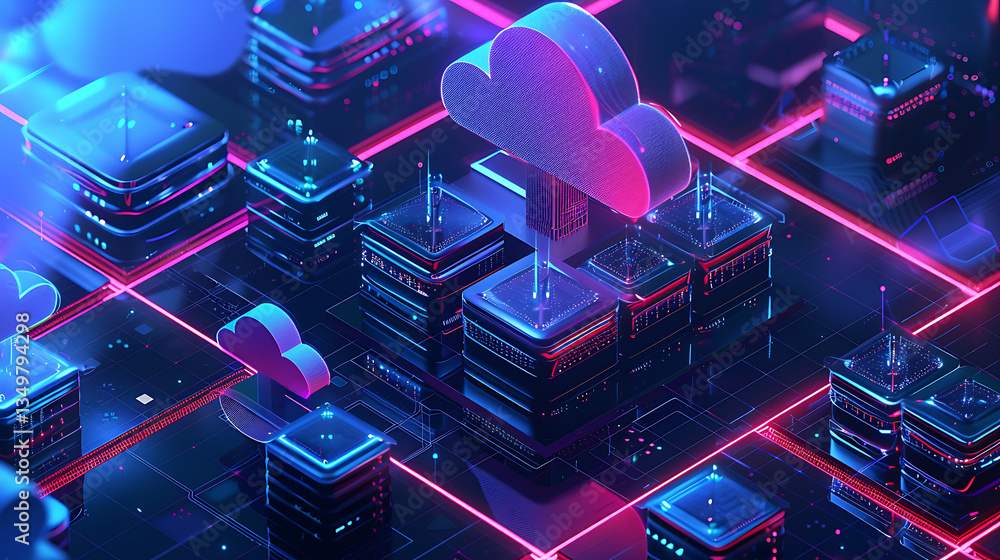 Isometric view of futuristic data center servers connected by glowing neon lines to cloud ...
