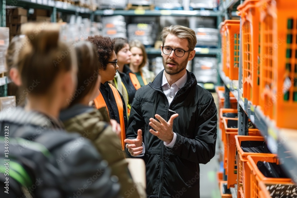 Warehouse supervisor leading a pre-shift safety briefing with employees, explaining operational ...