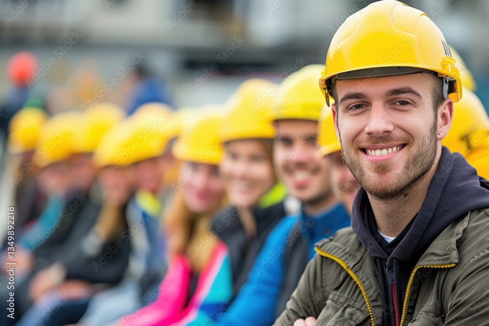Smiling new warehouse employees attending workplace safety training ...