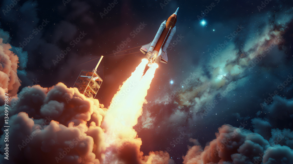 Spectacular spacecraft rocket launch in the sky, spaceship flying over ...