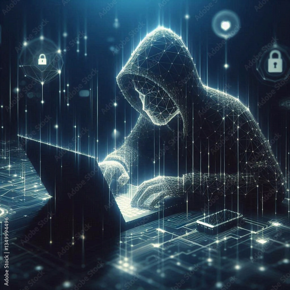 Stock-Illustration „Abstract hacker with laptop in the dark during cyber attack and cyber ...