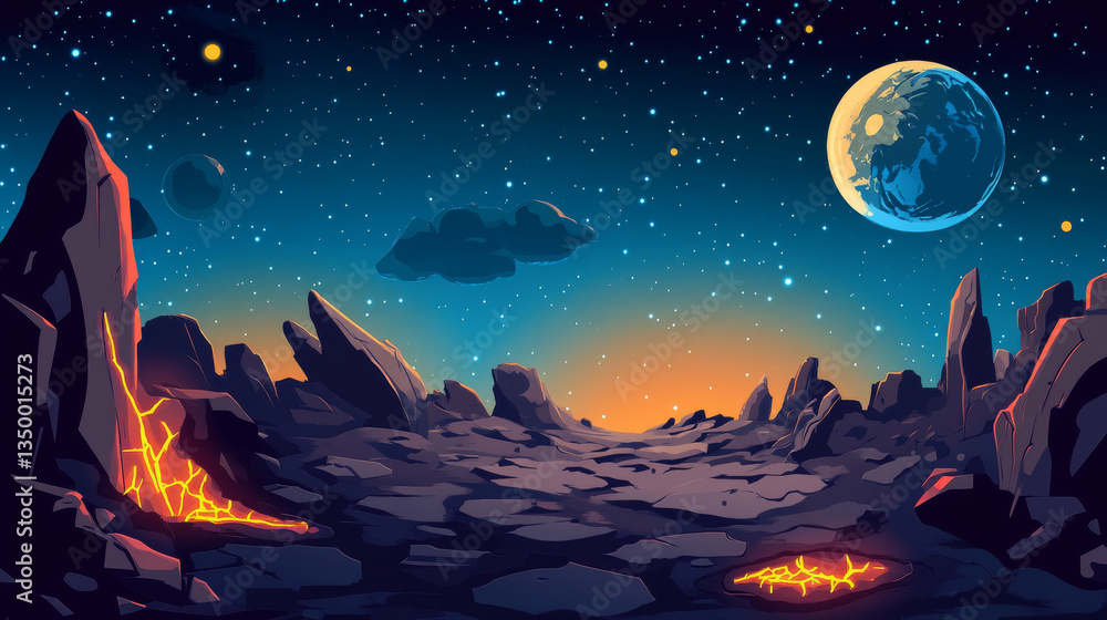 Space background with landscape of alien planet with craters and ...