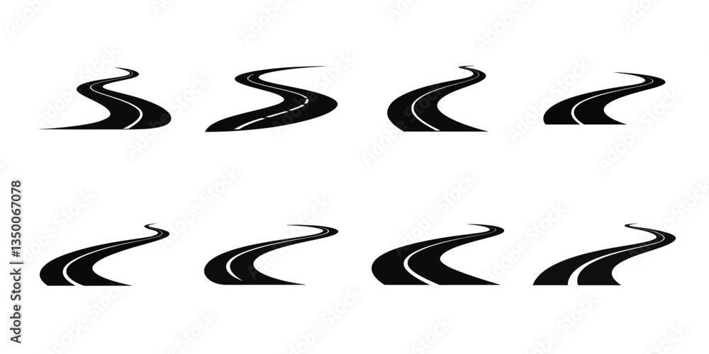 Curved road vector icons, winding highway illustrations in black and ...