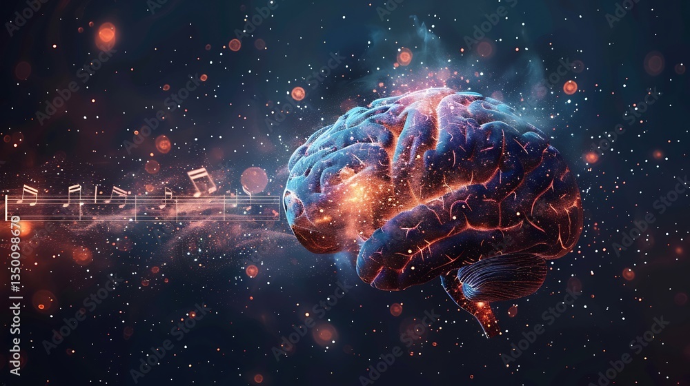 Surreal fusion of a human brain and a music staff with neural pathways ...