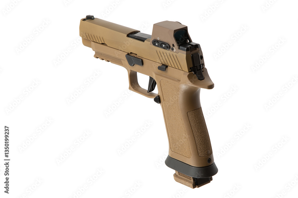 A modern tan pistol with a red dot sight, ergonomic textured grip, and ...