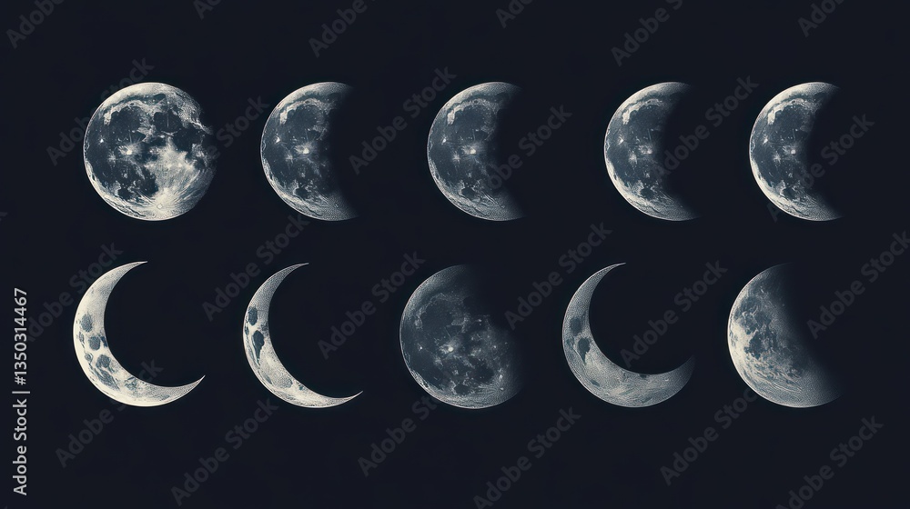 Lunar cycle phases, celestial illustration, night sky, astronomy ...