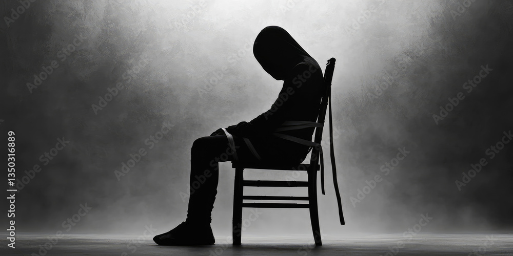 A frightened man tied to a chair. Kidnapping, holding hostage, crime ...