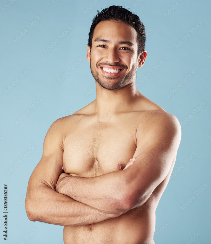 Man, fitness and arms crossed with muscle in studio, smile and pride ...