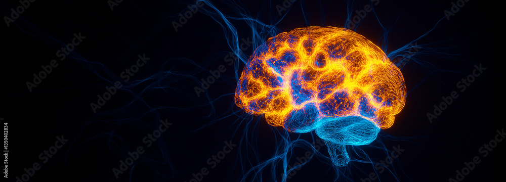 3D-rendered human brain model illuminated by dynamic neural connections, representing artificial ...