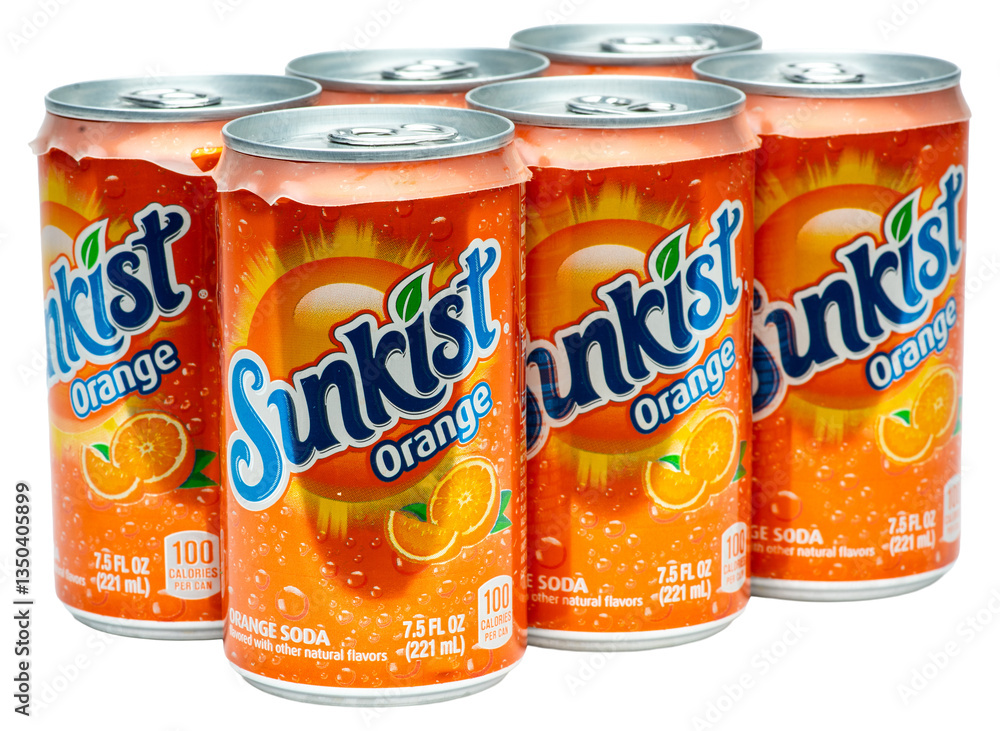 Six cans of made in USA Sunkist orange flavored soft drink mini (7.5 ...