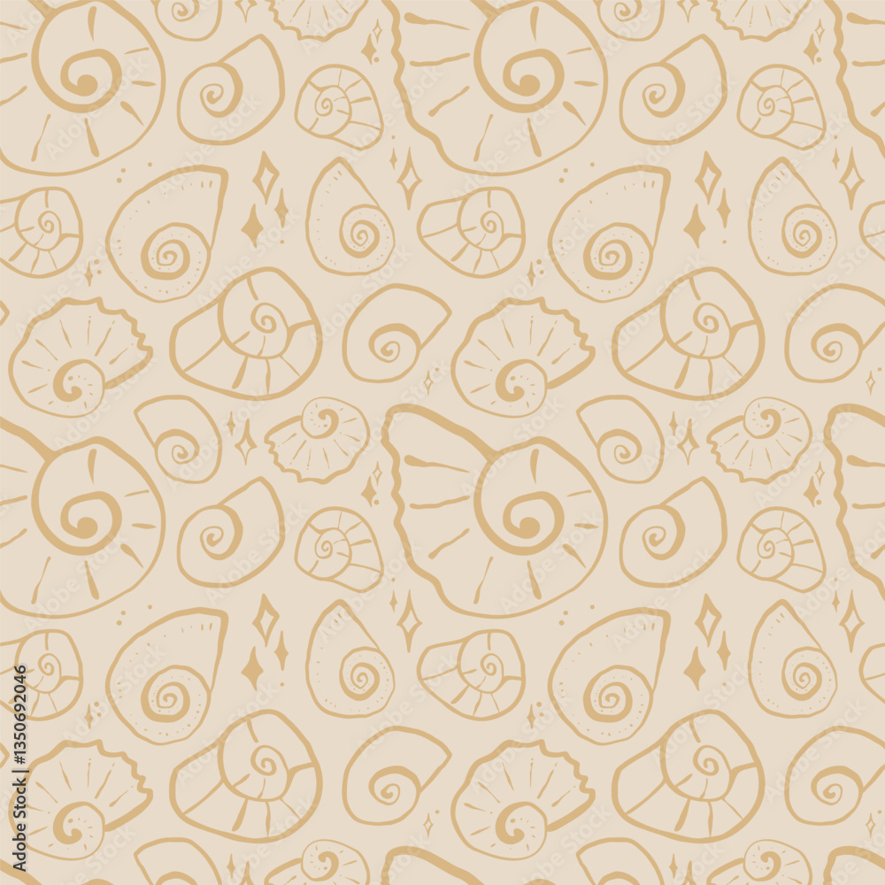 Hand drawn sea shells with sparkles beige yellow sandy seamless pattern ...
