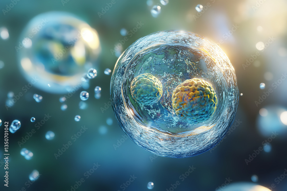 Microscopic view of cell division with glowing cell walls and nucleus ...