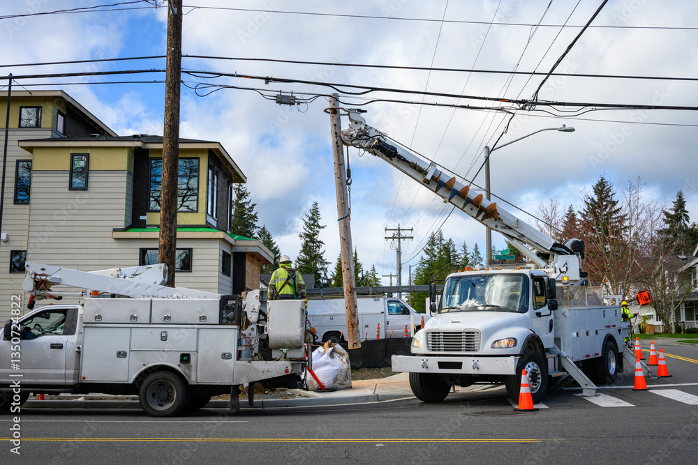 Стоковое фото «Temporary wood powerline pole cut off and being lifted ...