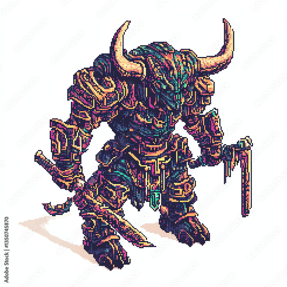 Pixel Art Armored Bull Warrior Character Standing with Swords Ready ...