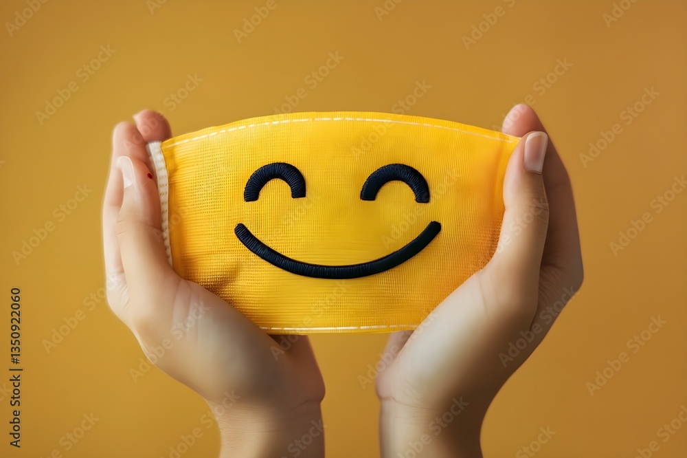 A concept image of hands holding a sad face mask behind a happy smiley ...