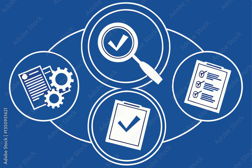 56 Document icons, circular buttons, blue background, magnifying glass ...