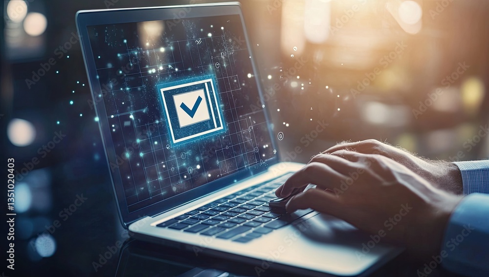 Laptop displaying digital confirmation. Hands typing on a laptop ...