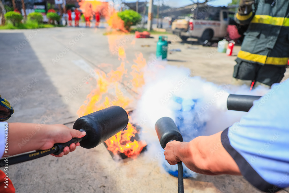 Company employees are undergoing basic fire extinguishing training, fire extinguisher use ...