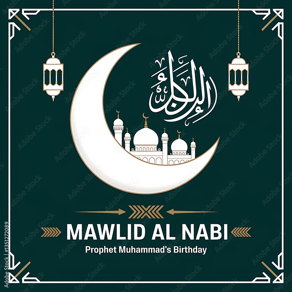 Crescent moon with mosque and arabic calligraphy celebrating mawlid al ...