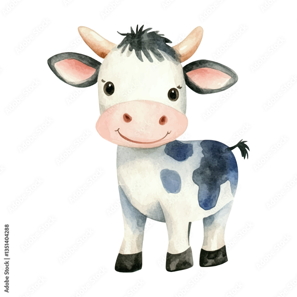 Watercolor cute and friendly cow clipart, on a white background Stock ...