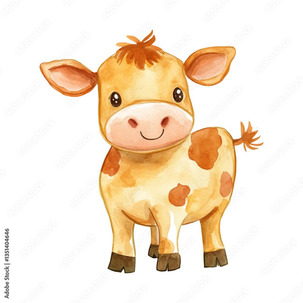 Watercolor cute and friendly cow clipart, on a white background Stock ...