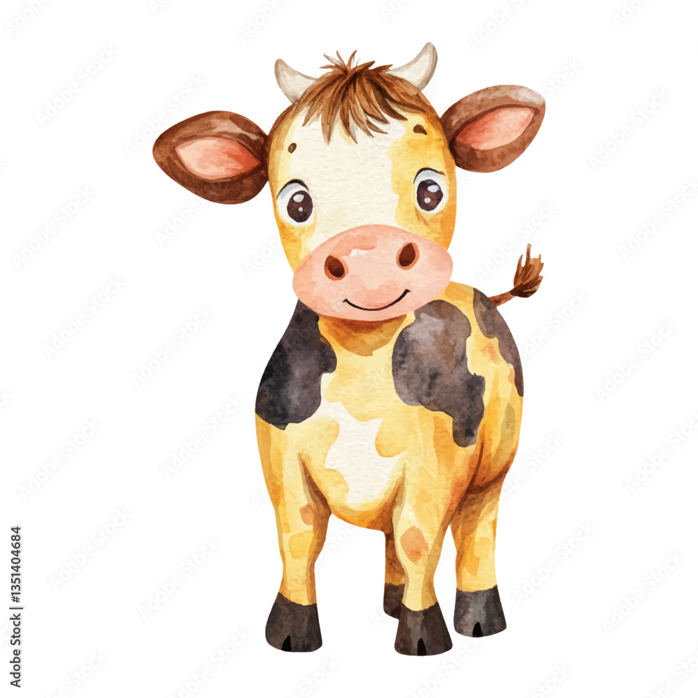 Watercolor cute and friendly cow clipart, on a white background Stock ...