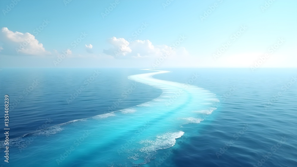 Turquoise Ocean Vista with Wavy Wake Path Under Sky and Clouds, Serene ...