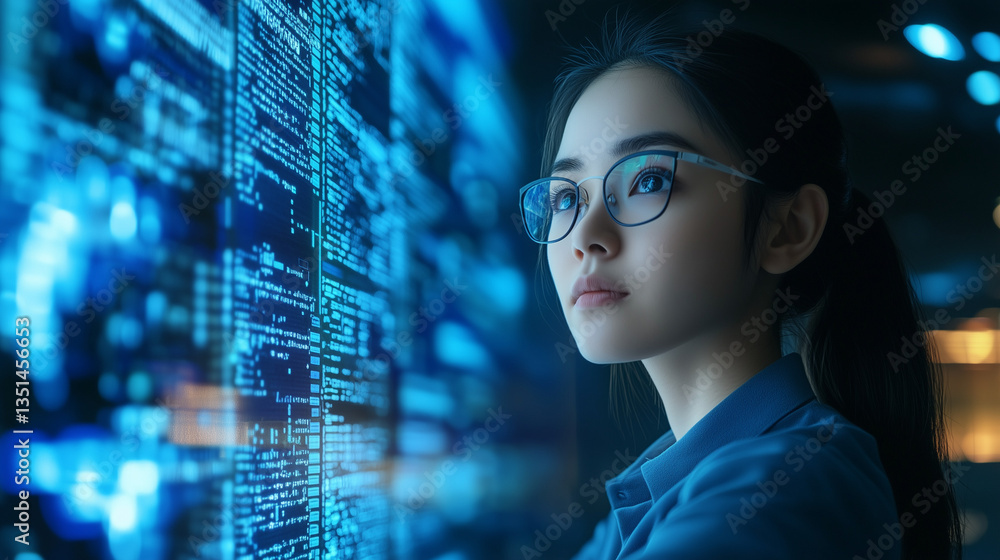 Female IT specialist learns to analyze code and data technology, cyber ...