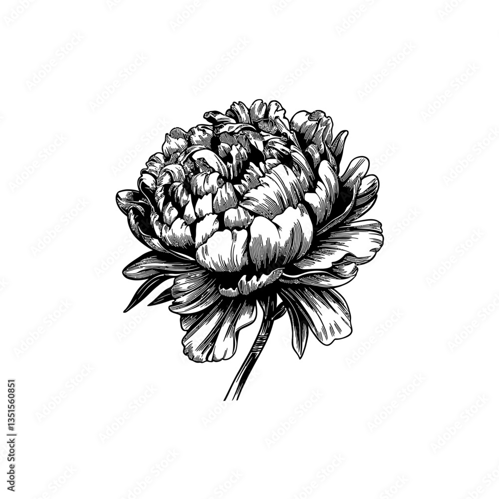 Peonies flower drawing line art black color vector white background ...